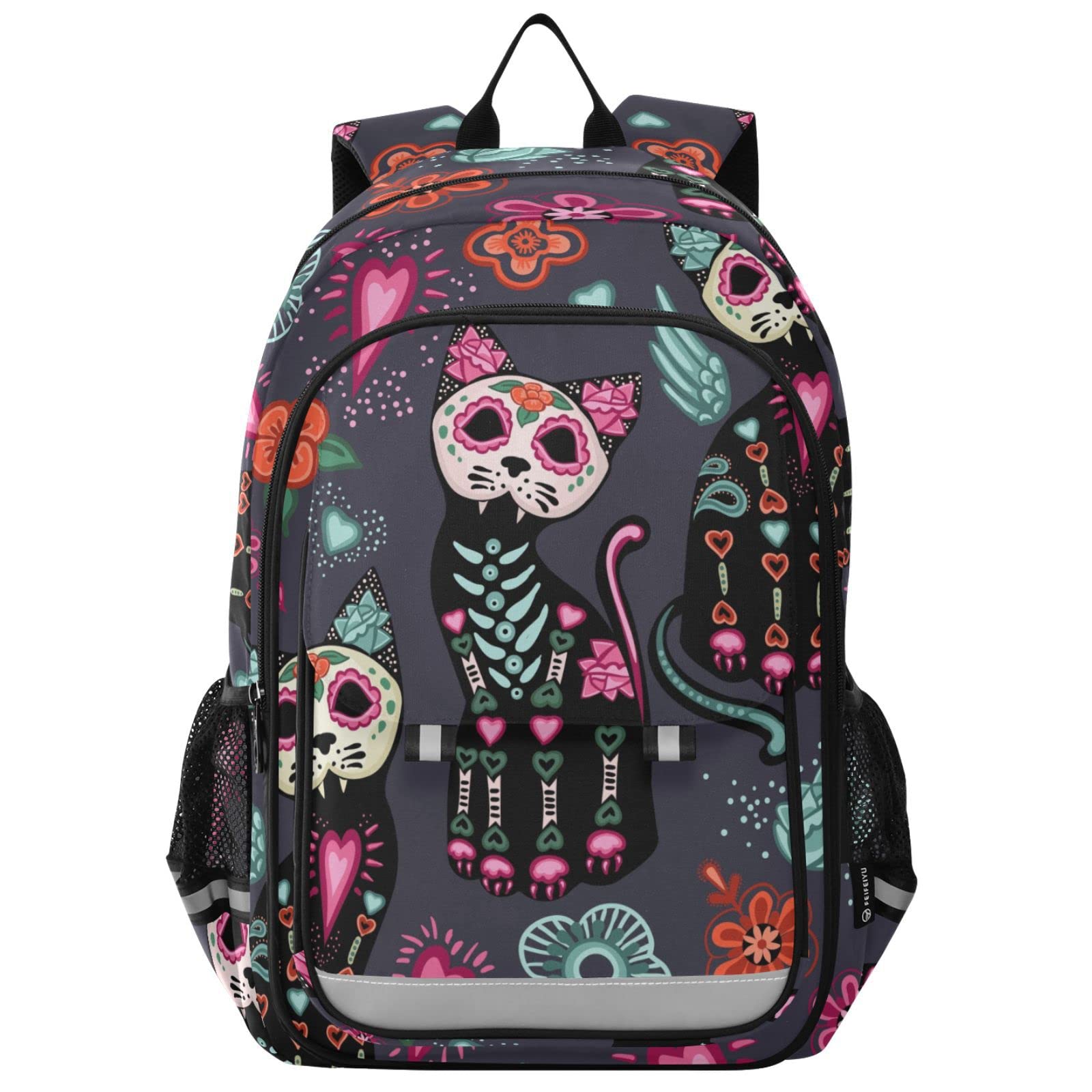 ALAZA Halloween Skull Cats Floral Backpack Daypack Bookbag