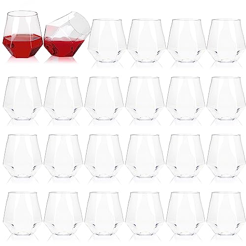 Pumtus 24 Pack Stemless Wine Glasses, Plastic Unbreakable Diamond Wine Cups, 12 OZ Shatterproof Drinking Glassware, Clear Tritan Drinkware Tumbler for Whiskey, Cocktails, Wedding, Party, Bars