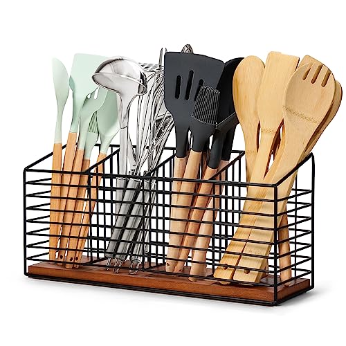 THYGIFTREE Large Utensil Holder for Kitchen Counter Black Metal Cooking Utensil Organizer for Countertop 4 Compartments Kitchen Tools Holder for Spatula Utensil Crock Caddy