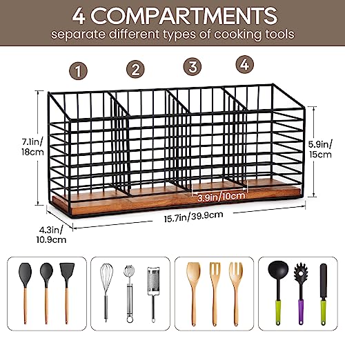 THYGIFTREE Large Utensil Holder for Kitchen Counter Black Metal Cooking Utensil Organizer for Countertop 4 Compartments Kitchen Tools Holder for Spatula Utensil Crock Caddy