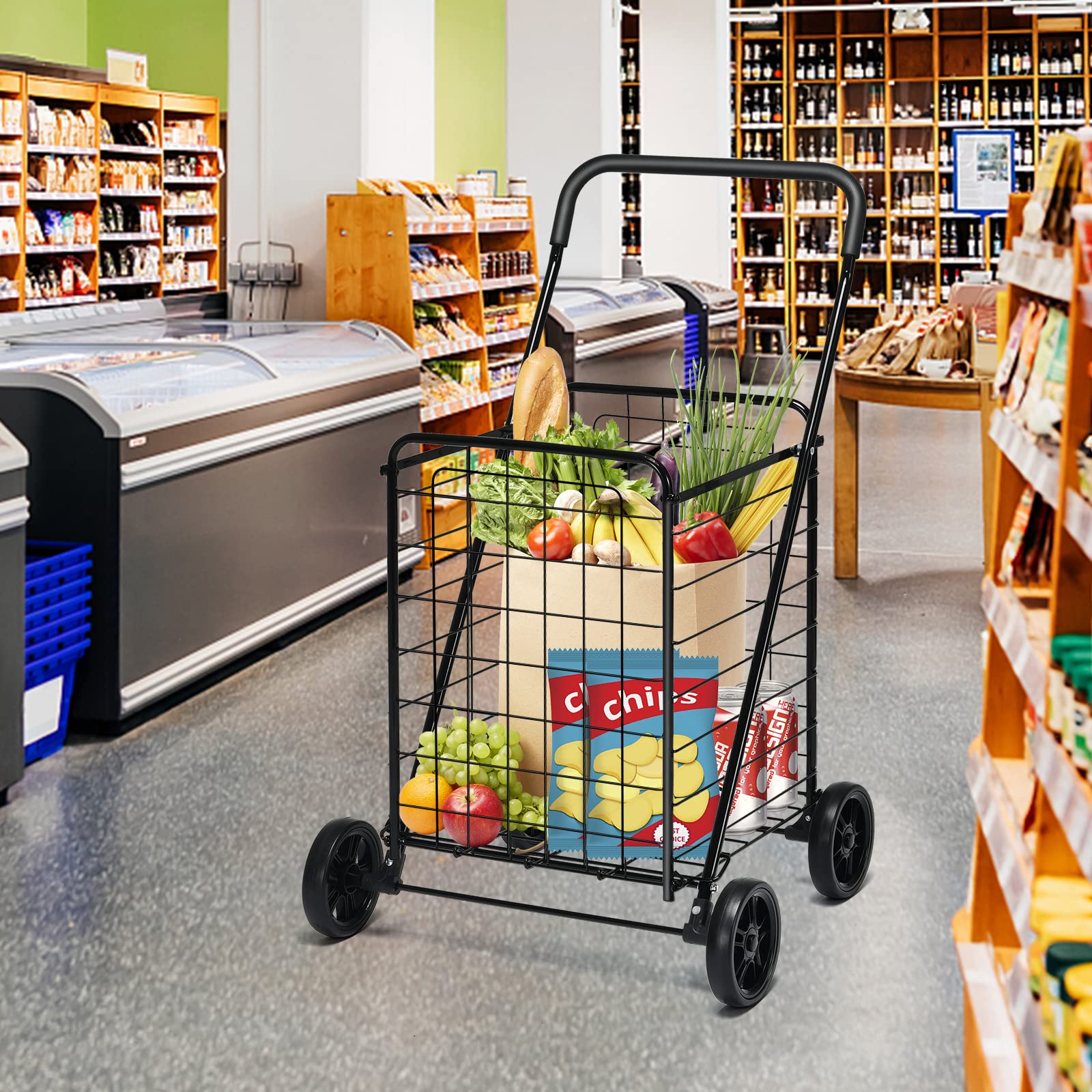 Goplus Shopping Carts for Groceries, Heavy Duty Grocery Cart on Wheels Foldable, Portable Folding Shopping Cart with Wheels, Collapsible Versatile Rolling Utility Cart for Laundry (Black)