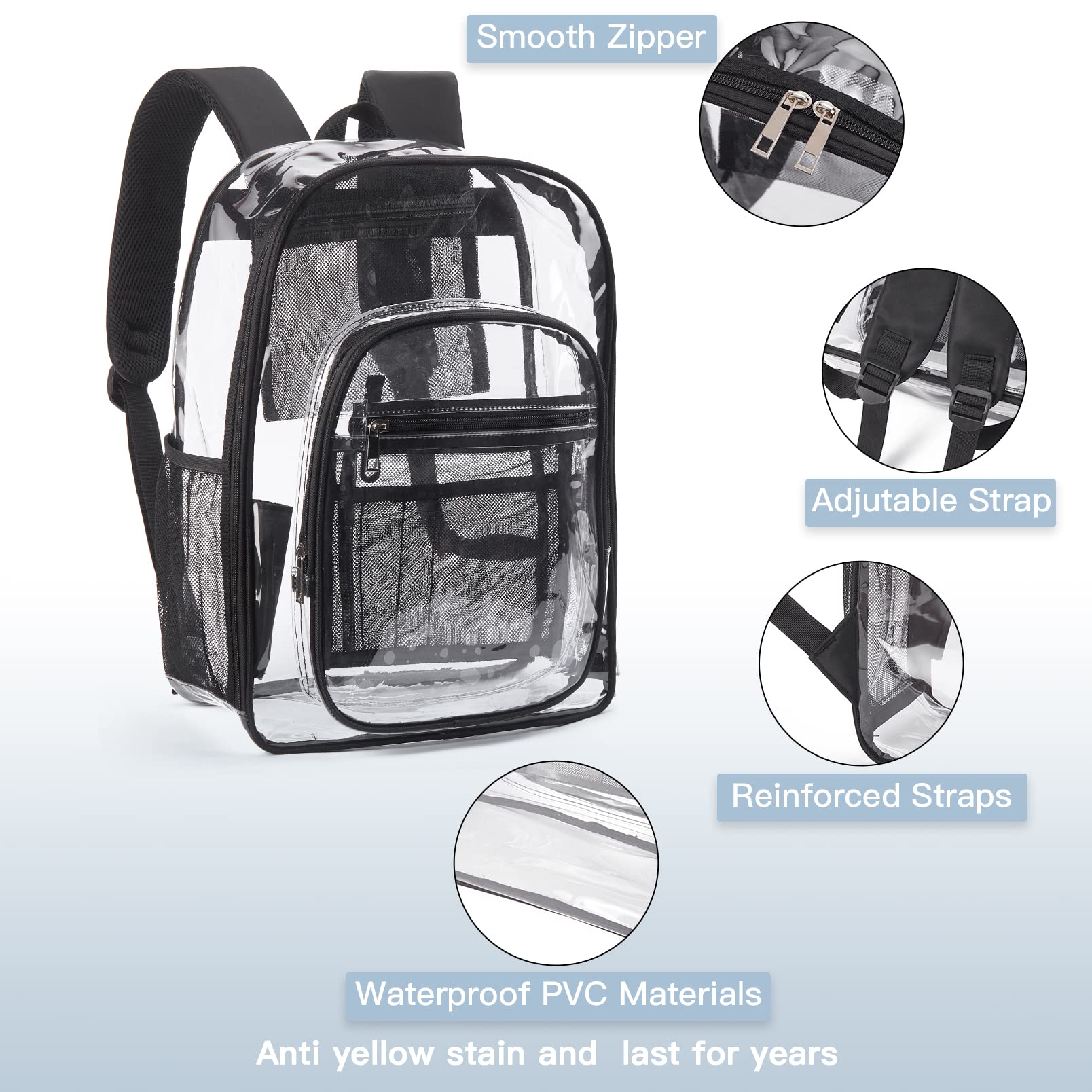 Telena Clear Backpack, Heavy Duty TPU See Through Bookbag Transparent Backpack for College - Black