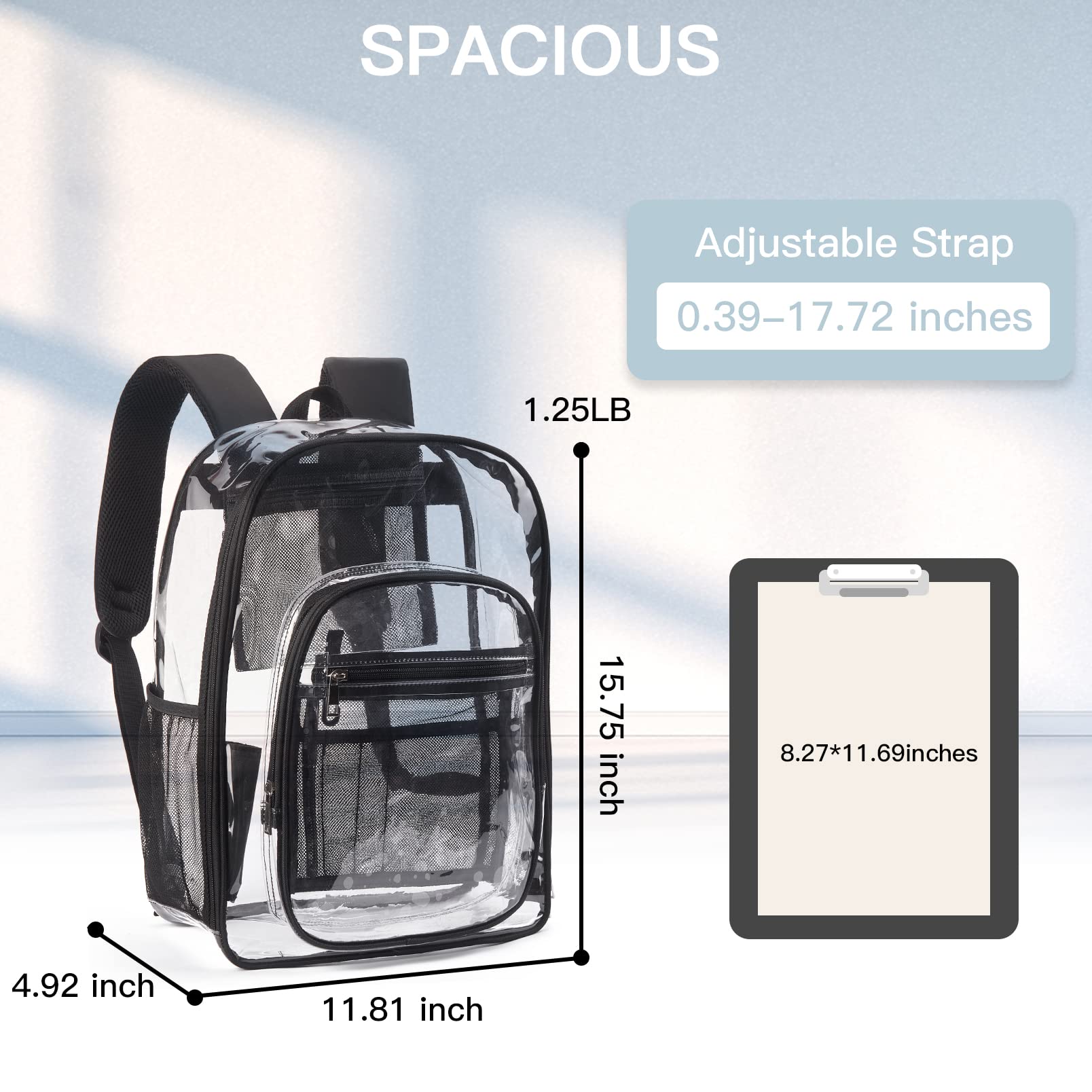 Telena Clear Backpack, Heavy Duty TPU See Through Bookbag Transparent Backpack for College - Black