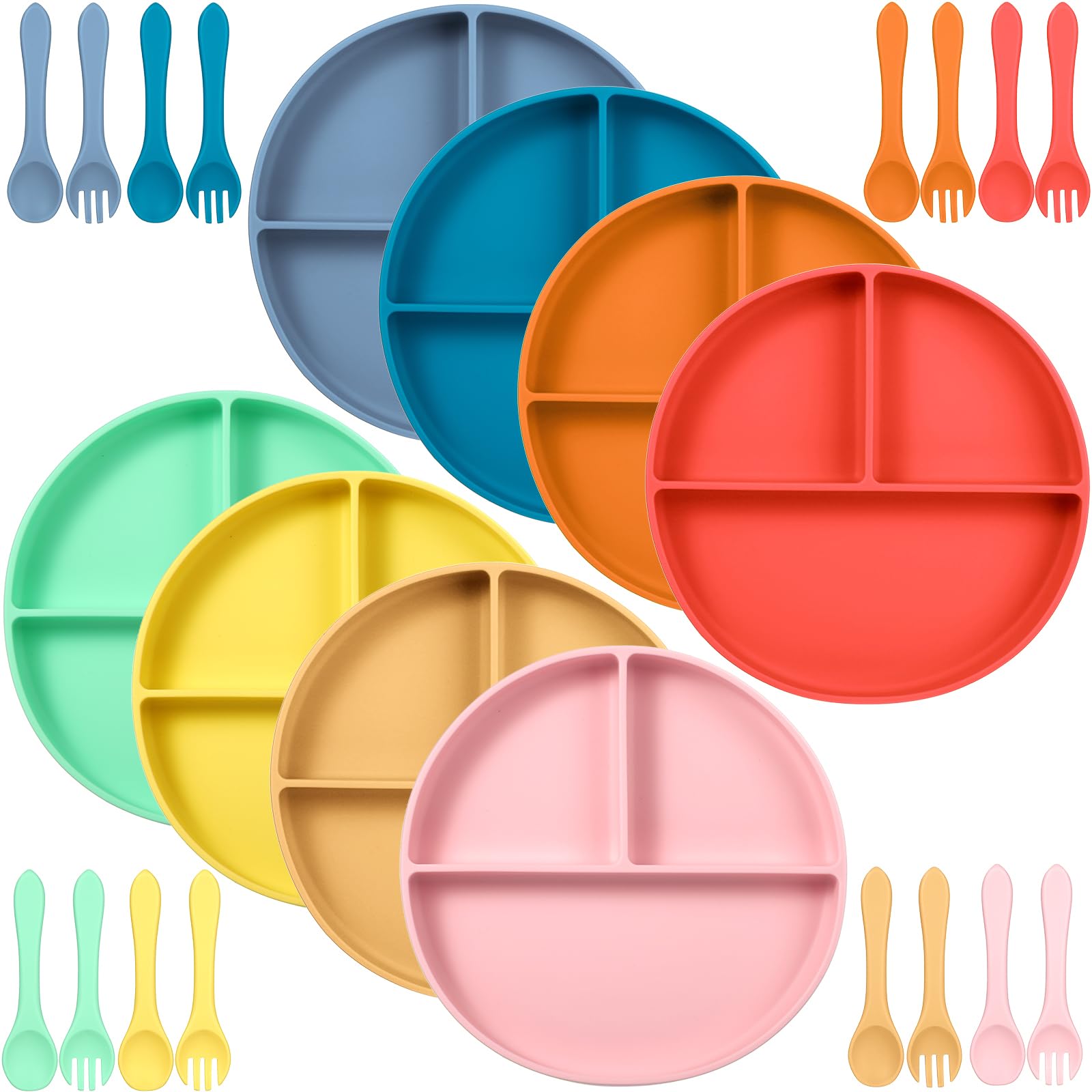 Tanlade 8 Pack Suction Plates for Baby Toddler Plates with Suction Kids Silicone Suction Plate, Silicone Plates, Silicone Divided Plates with Spoon and Fork for Infants 8 Colors