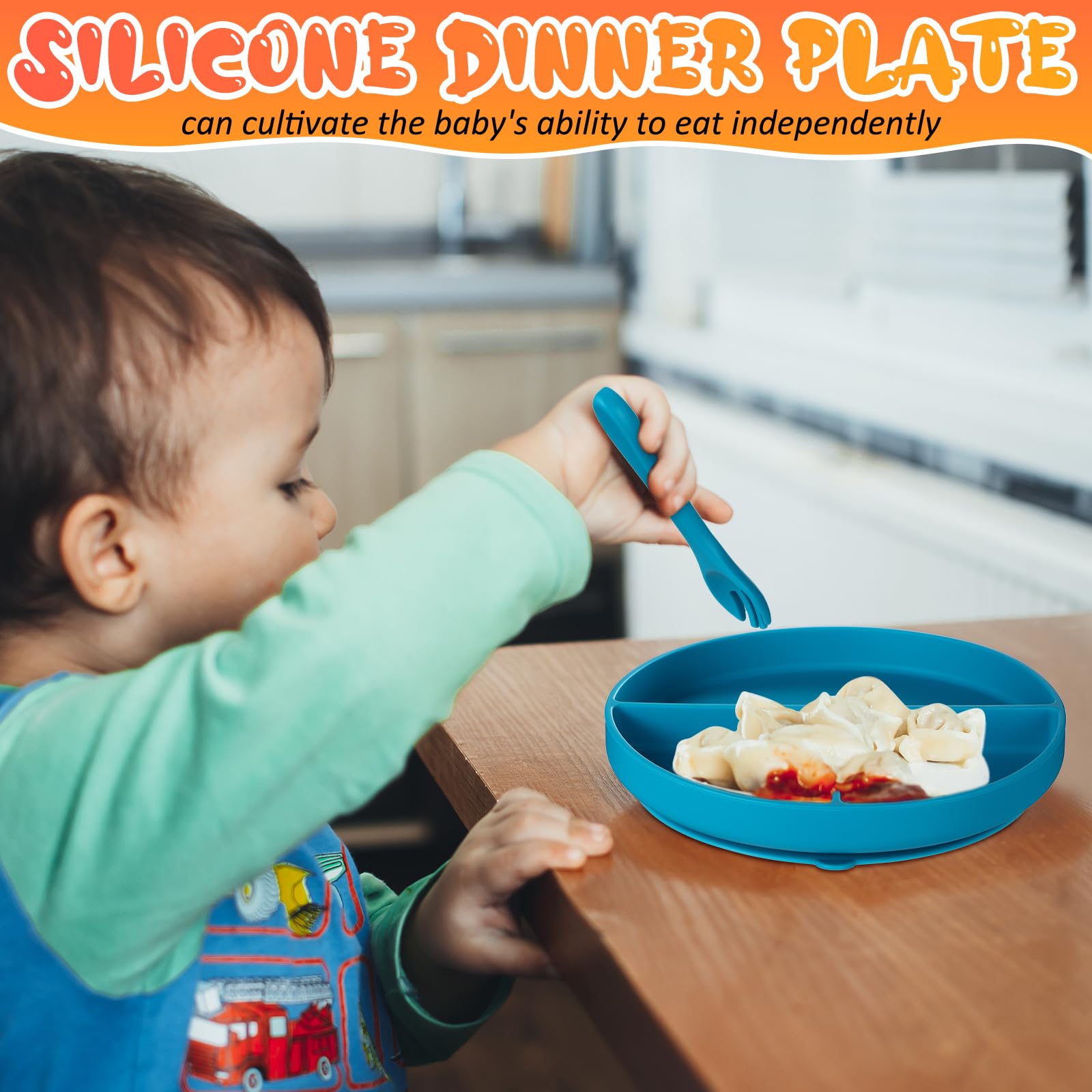 Tanlade 8 Pack Suction Plates for Baby Toddler Plates with Suction Kids Silicone Suction Plate, Silicone Plates, Silicone Divided Plates with Spoon and Fork for Infants 8 Colors