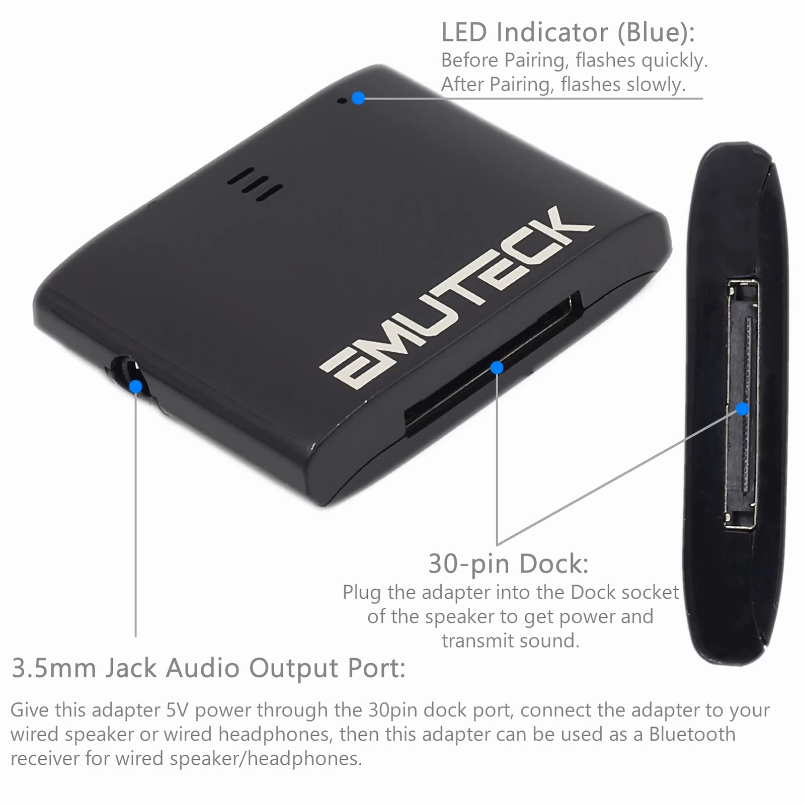 EMUTECK 30 Pin Bluetooth 5.0 Receiver Stereo Adapter for Bose SoundDock 2 and Other 30-pin Dock Speakers, with 3.5mm Aux Cable, for iPhone iPod Music Docking Stations (Not for Cars)