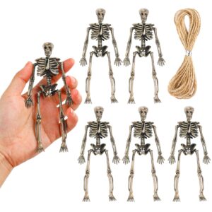 fingooo small skeleton figurine 6 inches,6 pieces plastic skeletons mini poseable skeleton toy for crafts halloween decoration (make-old)