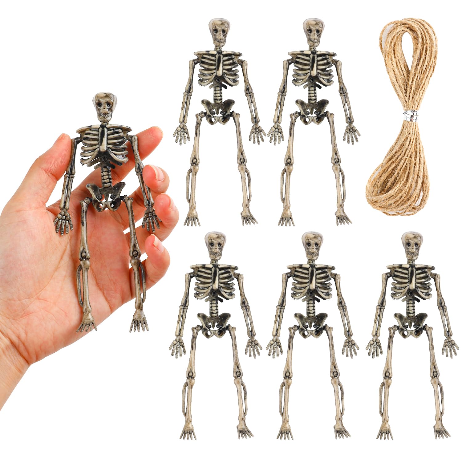 FINGOOO Small Skeleton Figurine 6 Inches,6 Pieces Plastic Skeletons Mini Poseable Skeleton Toy for Crafts Halloween Decoration (Make-Old)