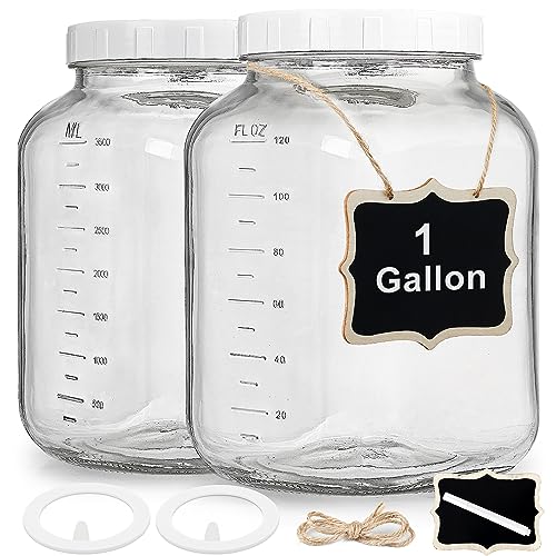 2 Pack Wide Mouth 1 Gallon Clear Glass Jar with Lid, Heavy Duty Airtight Screw Lid with Silicone Gasket - Large Mason Jar with 2 Scale Mark for Fermenting Kombucha and Storing Food(Extra 2 Gaskets)