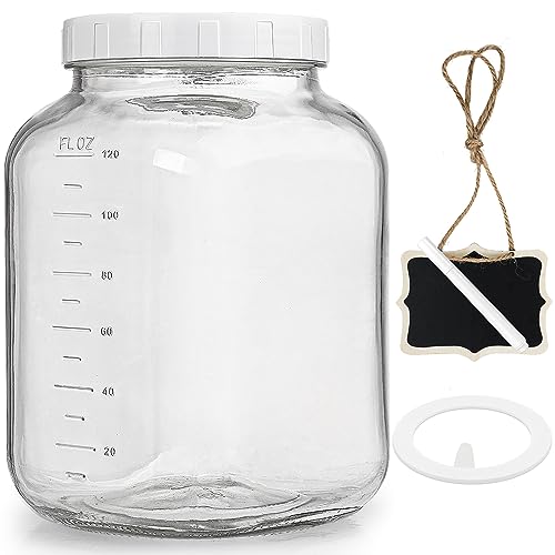 Folinstall Wide Mouth 1 Gallon Clear Glass Mason Jar with Lid, Heavy Duty Airtight Screw Lid with Silicone Gasket - Large Glass Jar with 2 Scale Mark (ExtraTag and Marker Pen)