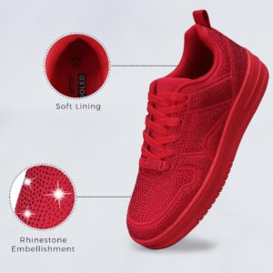 LUCKY STEP Women Fashion Sparkle Rhinestone Sneakers White Leather Low Top Tennis Shoes Lace Up Casual Comfortable Walking Shoe(Red Rhinestone,10B(M) US)