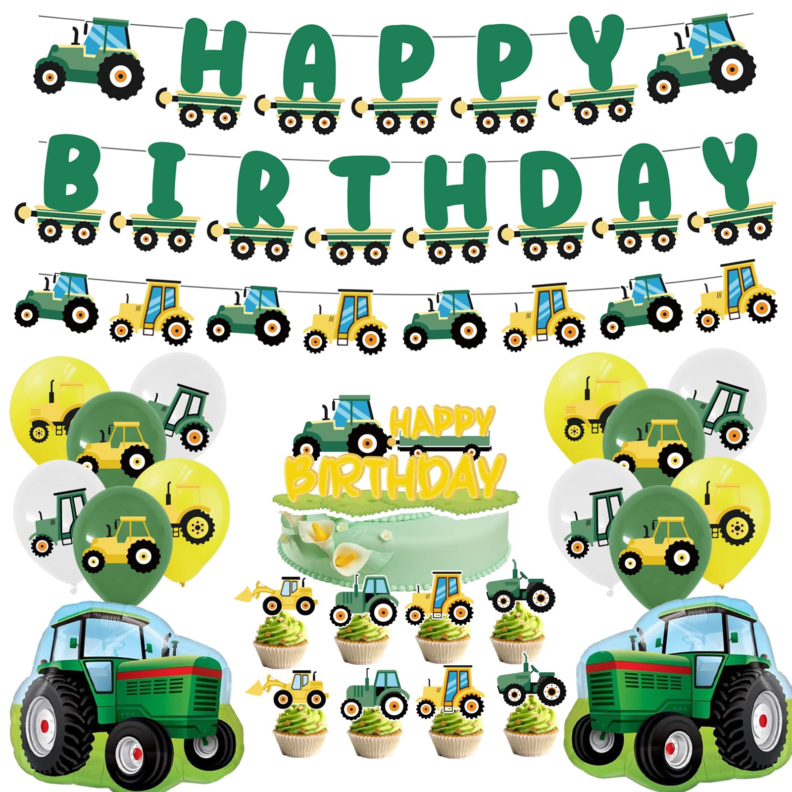 JOPARY Farm Green Tractor Party Supplies,Green Tractor Birthday Decorations with Happy Birthday Banner, Cupcake Toppers, and Balloons for Girls Boys Kids Birthday