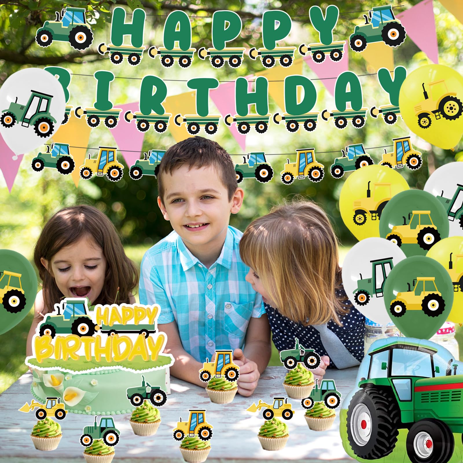 JOPARY Farm Green Tractor Party Supplies,Green Tractor Birthday Decorations with Happy Birthday Banner, Cupcake Toppers, and Balloons for Girls Boys Kids Birthday