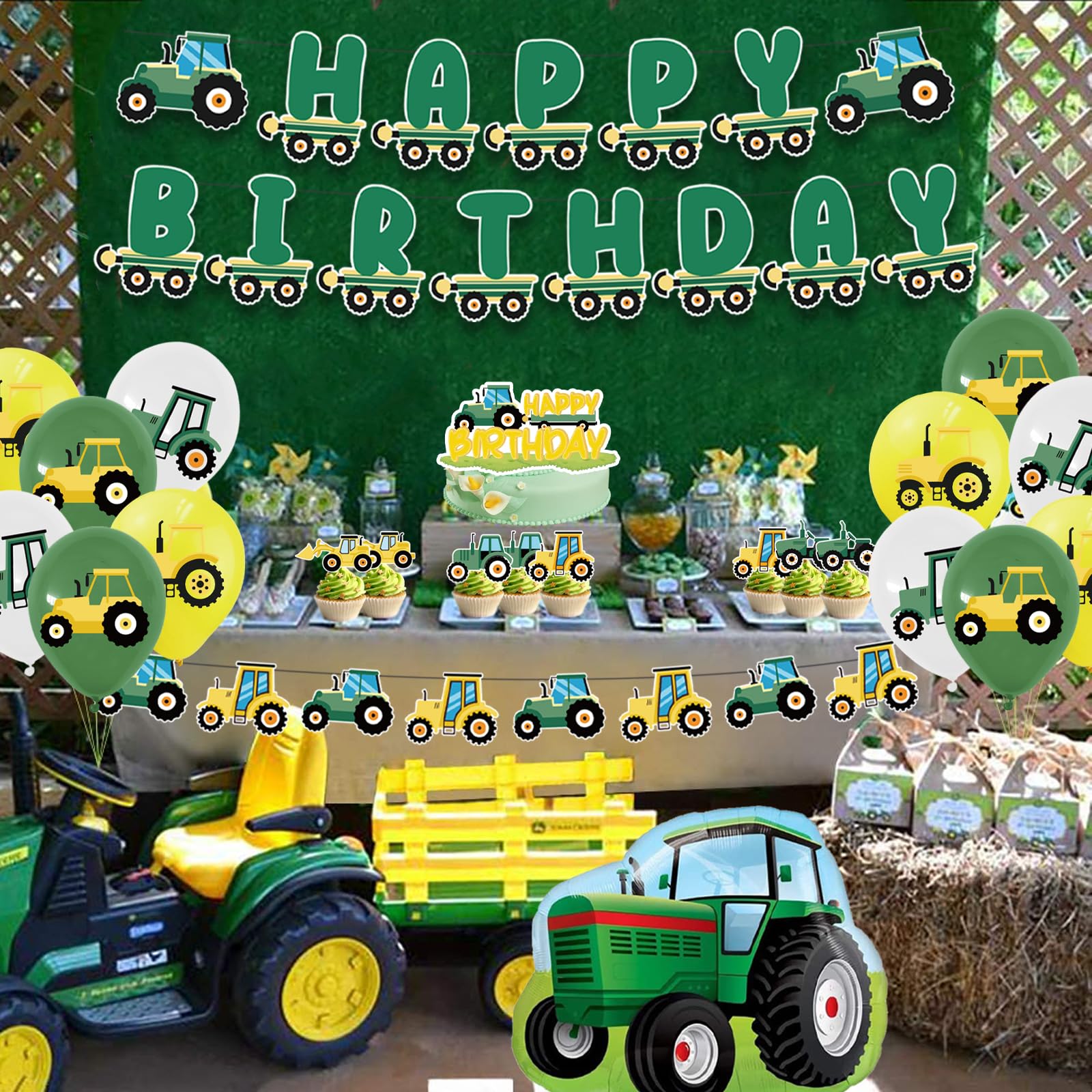 JOPARY Farm Green Tractor Party Supplies,Green Tractor Birthday Decorations with Happy Birthday Banner, Cupcake Toppers, and Balloons for Girls Boys Kids Birthday