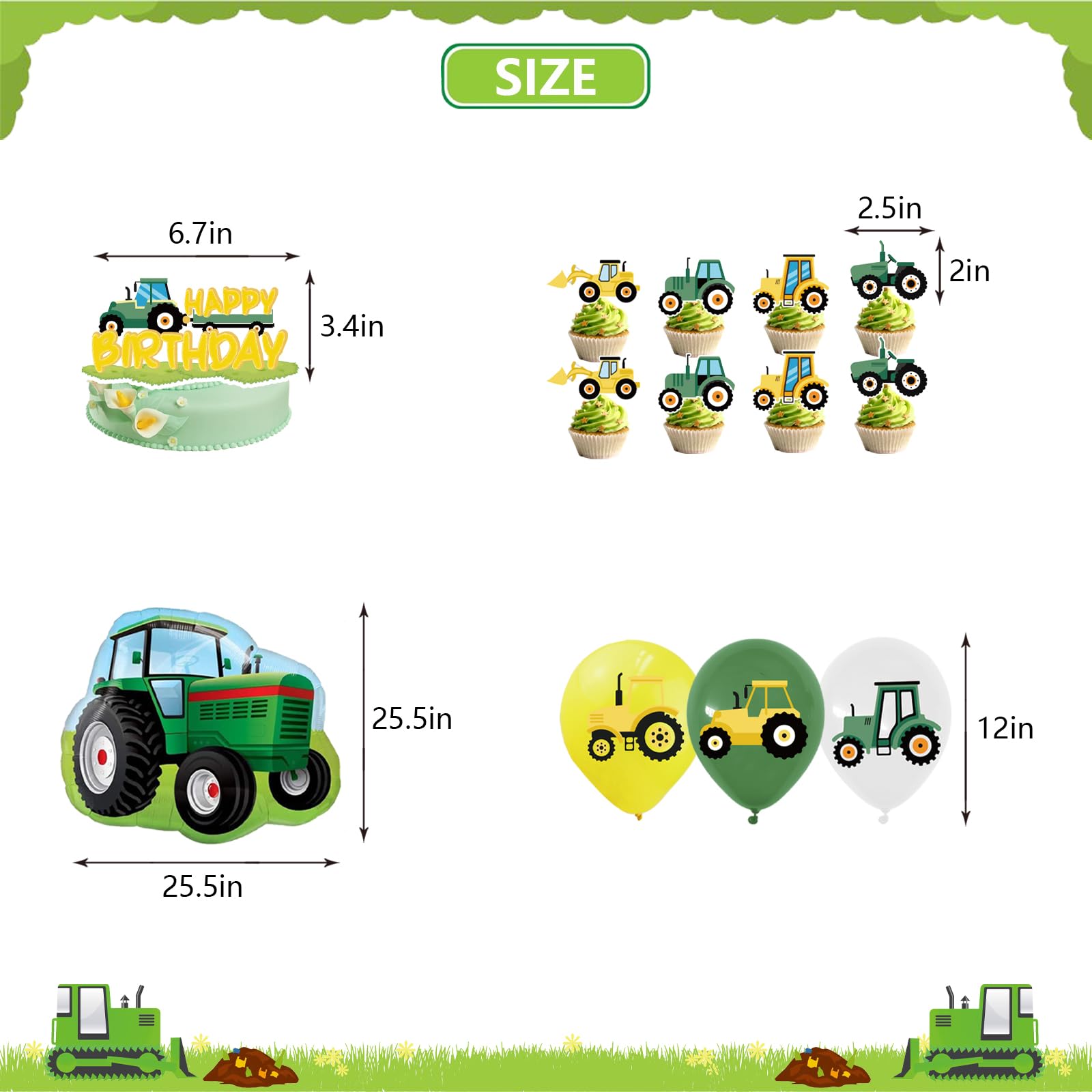 JOPARY Farm Green Tractor Party Supplies,Green Tractor Birthday Decorations with Happy Birthday Banner, Cupcake Toppers, and Balloons for Girls Boys Kids Birthday