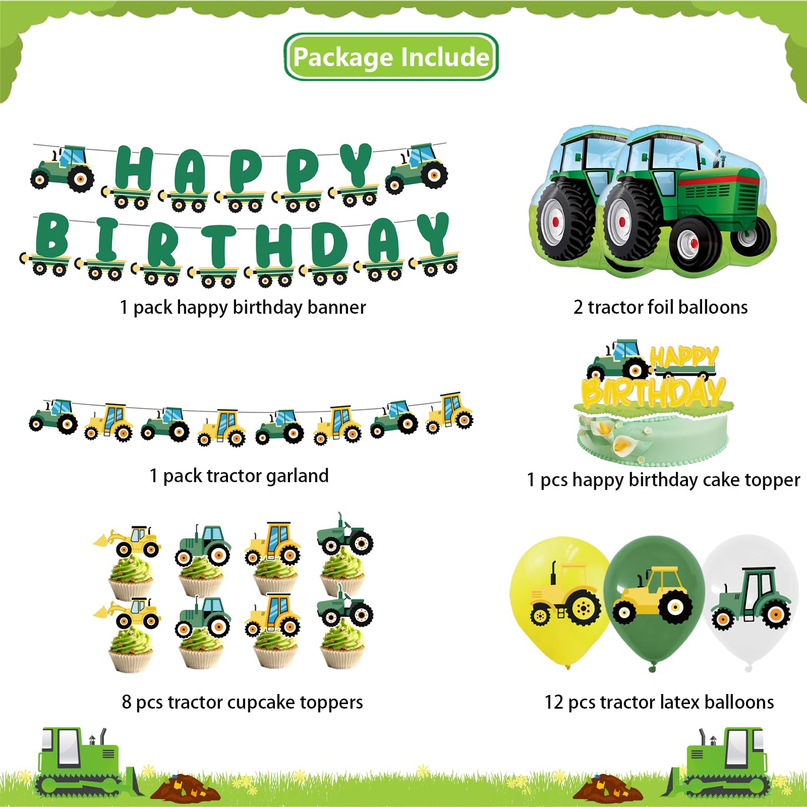 JOPARY Farm Green Tractor Party Supplies,Green Tractor Birthday Decorations with Happy Birthday Banner, Cupcake Toppers, and Balloons for Girls Boys Kids Birthday