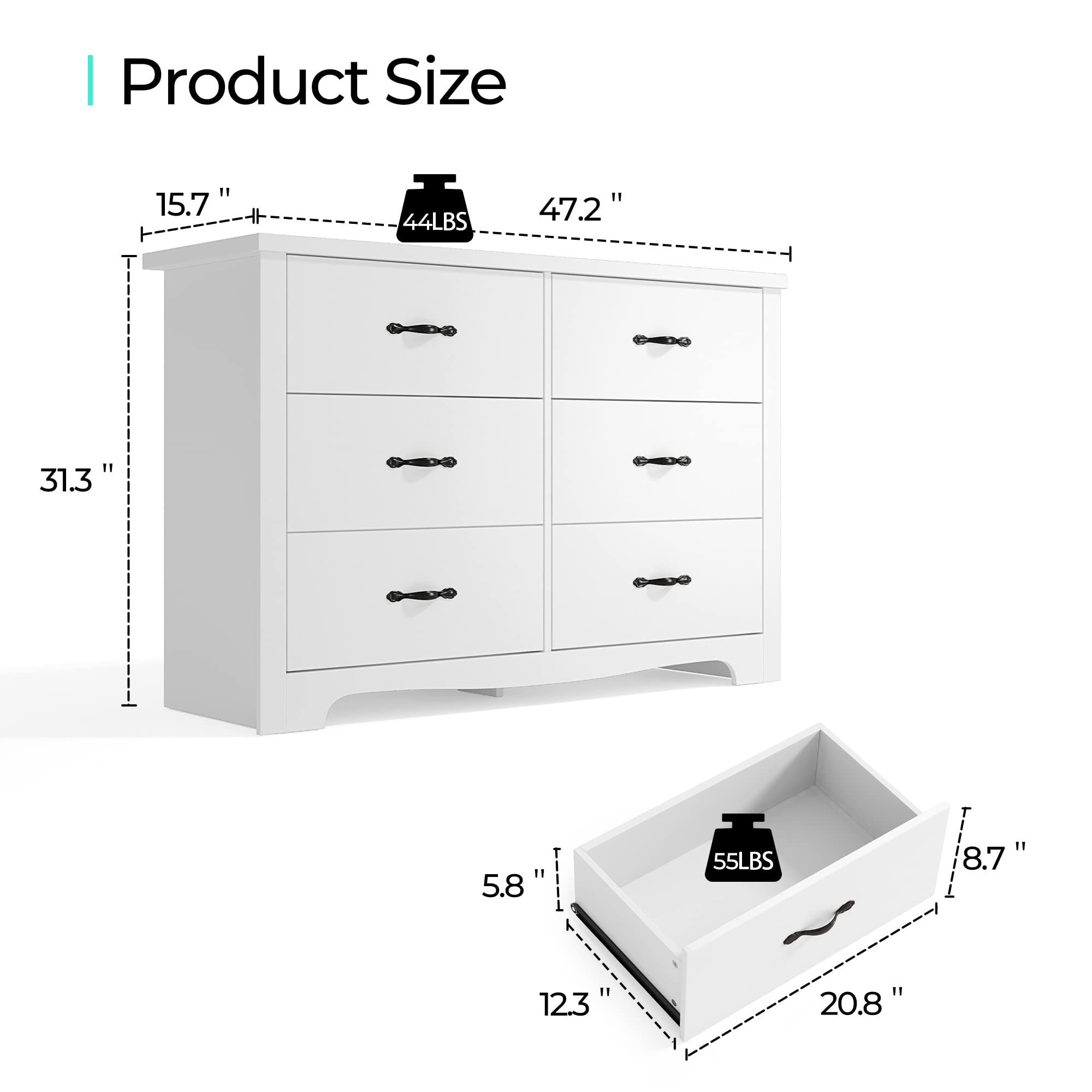 LINSY HOME 6 Drawer Double Dresser, White Dresser for Bedroom, Dresser Organizer, Chest of Drawers for Bedroom with 6 Drawers with SGS Certification