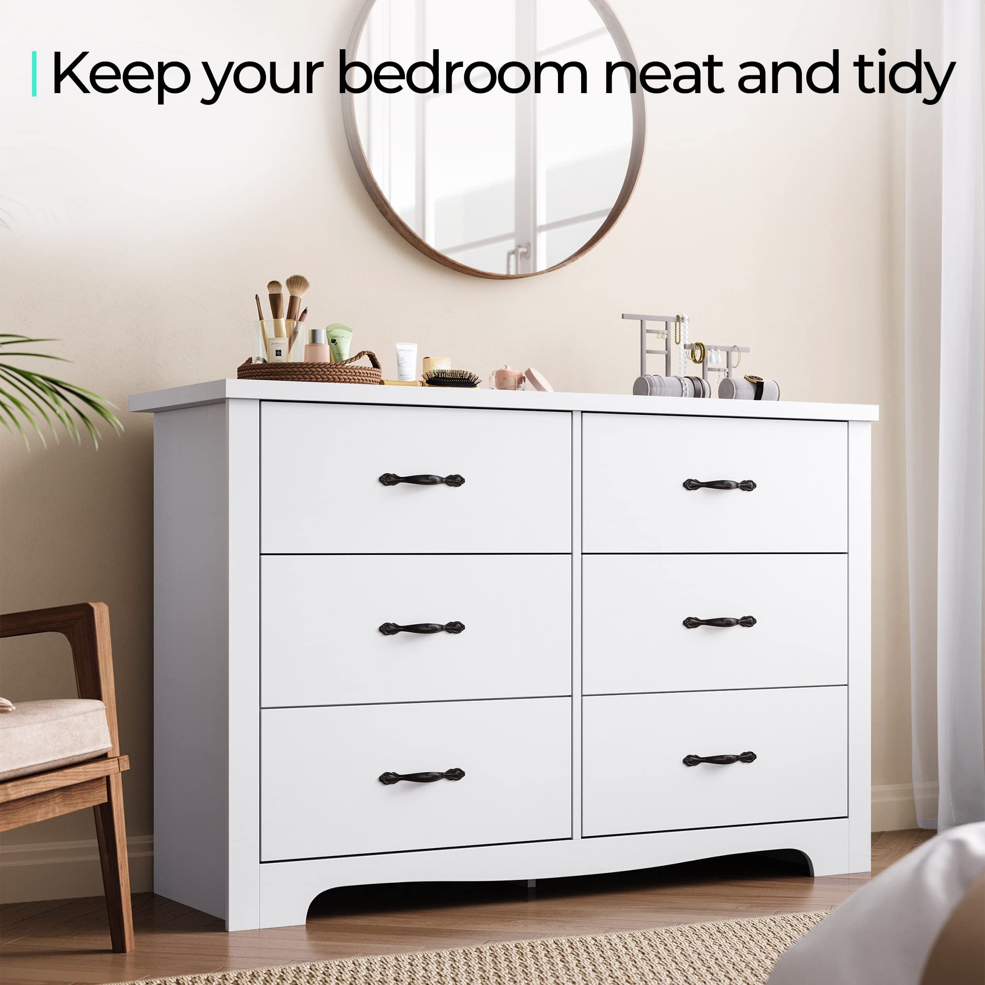 LINSY HOME 6 Drawer Double Dresser, White Dresser for Bedroom, Dresser Organizer, Chest of Drawers for Bedroom with 6 Drawers with SGS Certification