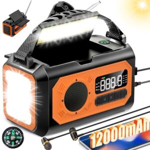 12000mah emergency radio, hand crank radio, portable solar radio am/fm/noaa weather radio with 2 solar panels,3 charging methods,sos alarm,flashlight,phone charger,compass,reading lamp (orange)