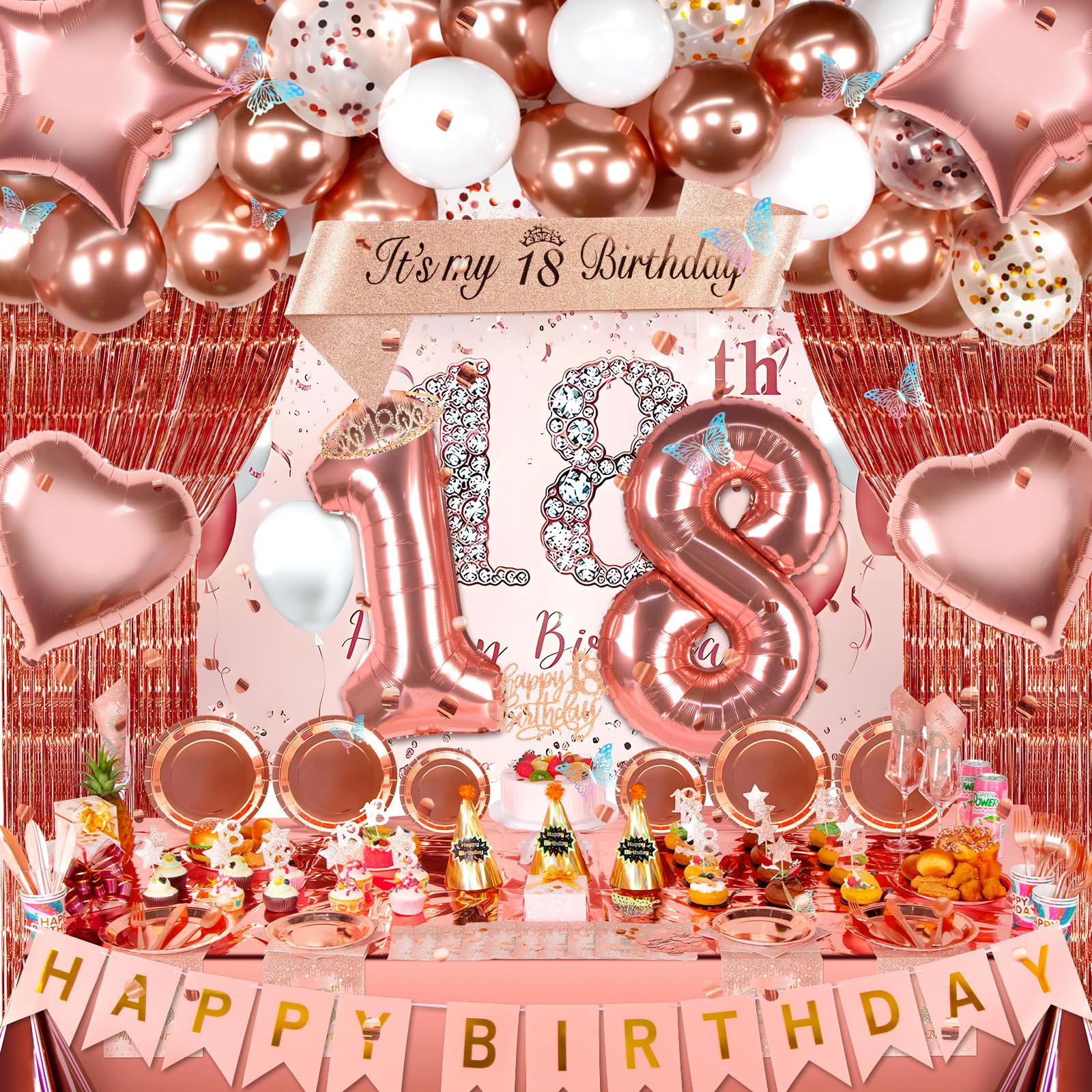 HJINGY 18th Birthday Decorations for Girls, Rose Gold Party Decorations Include Balloons, Backdrop, Curtains, Banner, Sash, Crown, Tablecloth, Plates, Cake Toppers for Women Girls Princess Queen Party