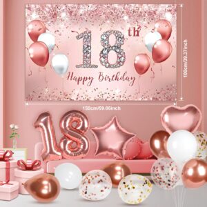 HJINGY 18th Birthday Decorations for Girls, Rose Gold Party Decorations Include Balloons, Backdrop, Curtains, Banner, Sash, Crown, Tablecloth, Plates, Cake Toppers for Women Girls Princess Queen Party