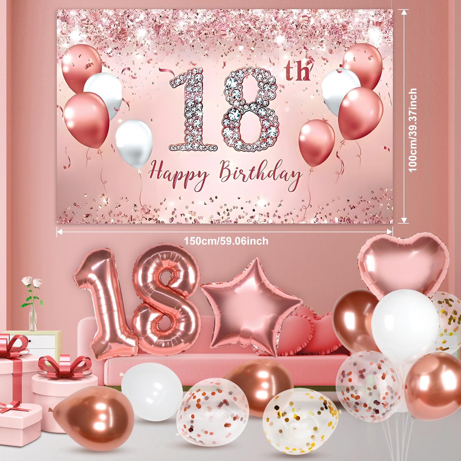 HJINGY 18th Birthday Decorations for Girls, Rose Gold Party Decorations Include Balloons, Backdrop, Curtains, Banner, Sash, Crown, Tablecloth, Plates, Cake Toppers for Women Girls Princess Queen Party