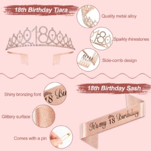 HJINGY 18th Birthday Decorations for Girls, Rose Gold Party Decorations Include Balloons, Backdrop, Curtains, Banner, Sash, Crown, Tablecloth, Plates, Cake Toppers for Women Girls Princess Queen Party