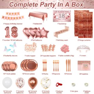 HJINGY 18th Birthday Decorations for Girls, Rose Gold Party Decorations Include Balloons, Backdrop, Curtains, Banner, Sash, Crown, Tablecloth, Plates, Cake Toppers for Women Girls Princess Queen Party