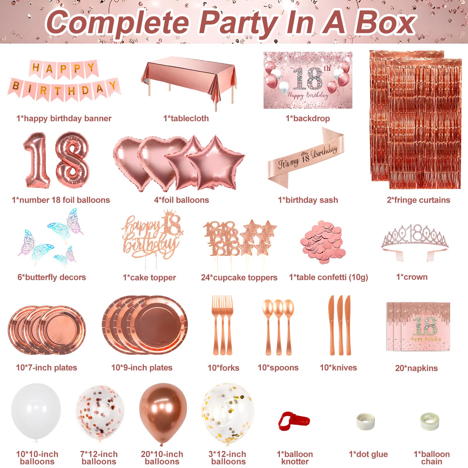 HJINGY 18th Birthday Decorations for Girls, Rose Gold Party Decorations Include Balloons, Backdrop, Curtains, Banner, Sash, Crown, Tablecloth, Plates, Cake Toppers for Women Girls Princess Queen Party