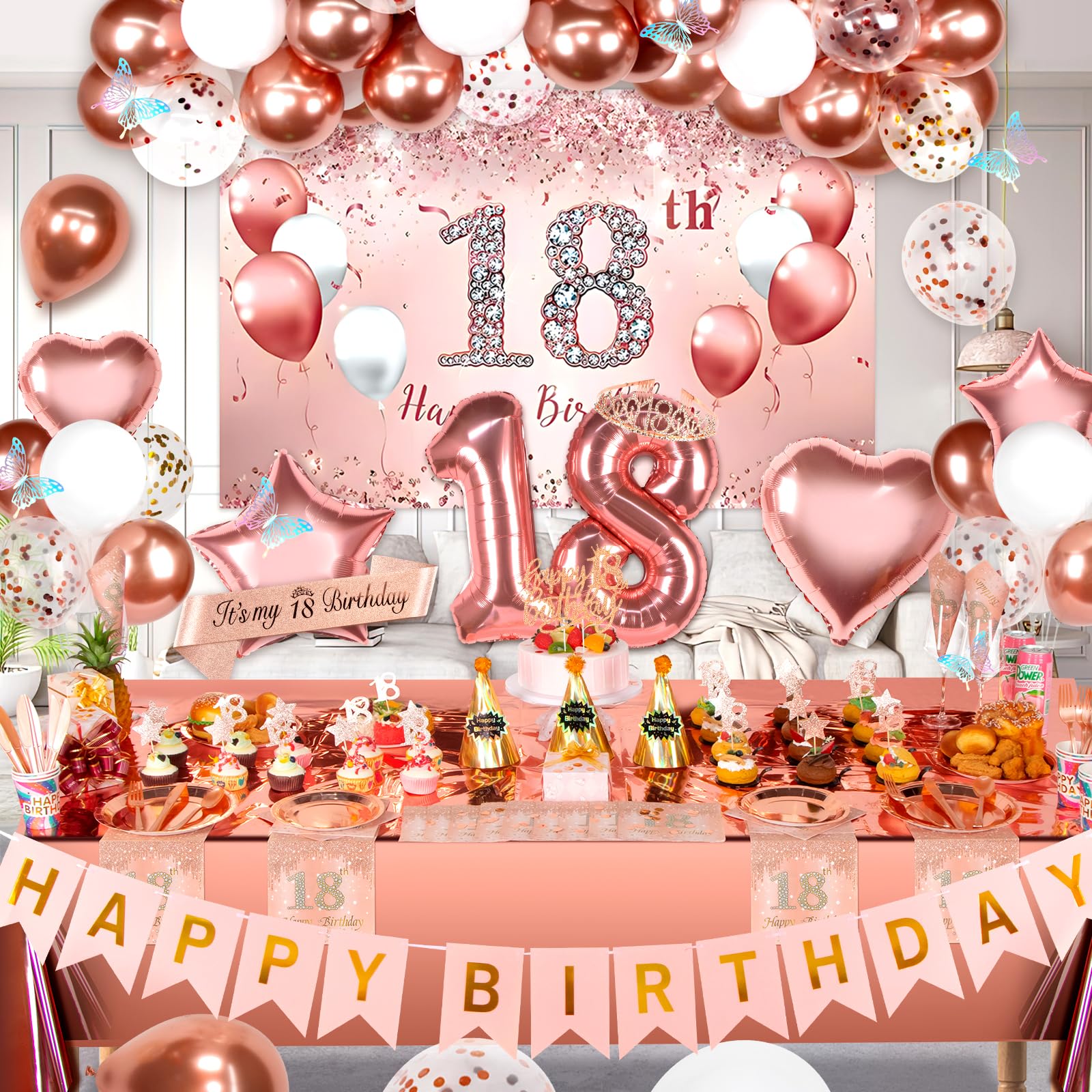 HJINGY 18th Birthday Decorations for Girls, Rose Gold Party Decorations Include Balloons, Backdrop, Curtains, Banner, Sash, Crown, Tablecloth, Plates, Cake Toppers for Women Girls Princess Queen Party