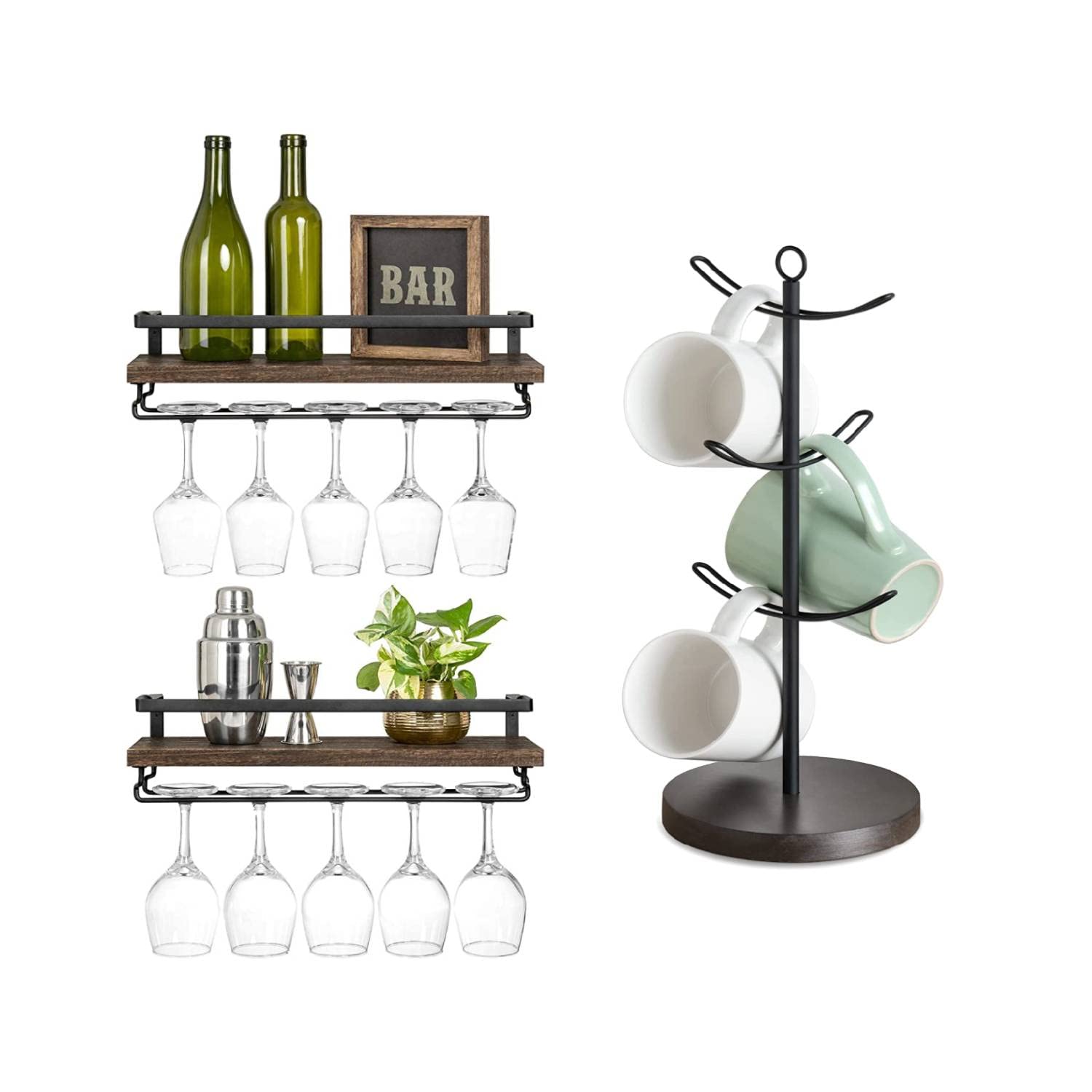 Mkono Set of 2 Wall Wine Rack Rustic Wine Bottle Floating Shelves with Stemware Hanger and Mug Tree Coffee Cup Holder for Countertop with 6 Hooks