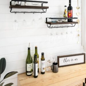 Mkono Set of 2 Wall Wine Rack Rustic Wine Bottle Floating Shelves with Stemware Hanger and Mug Tree Coffee Cup Holder for Countertop with 6 Hooks