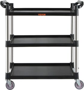 vevor utility service cart, 3 shelf heavy duty 154lbs food service cart, rolling utility cart with lockable wheels, 32.7" x 15.7" x 37.4" plastic utility cart for kitchen office restaurant home, black