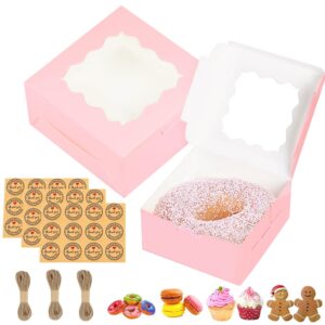 guifier 30 pcs bakery boxes with window 6x6x3 inches, 6 inch cake boxes, paper cookie boxes, small pie boxes, treat gift boxes for strawberry, cupcake, pastry, donuts, dessert, brownie (pink)