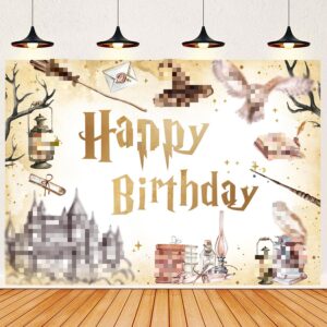 Wizard Happy Birthday Backdrop Magic School Castle Backdrop for Halloween Wizard Theme Photography Background Boys Girls Birthday Party Decoration Banner 7X5FT