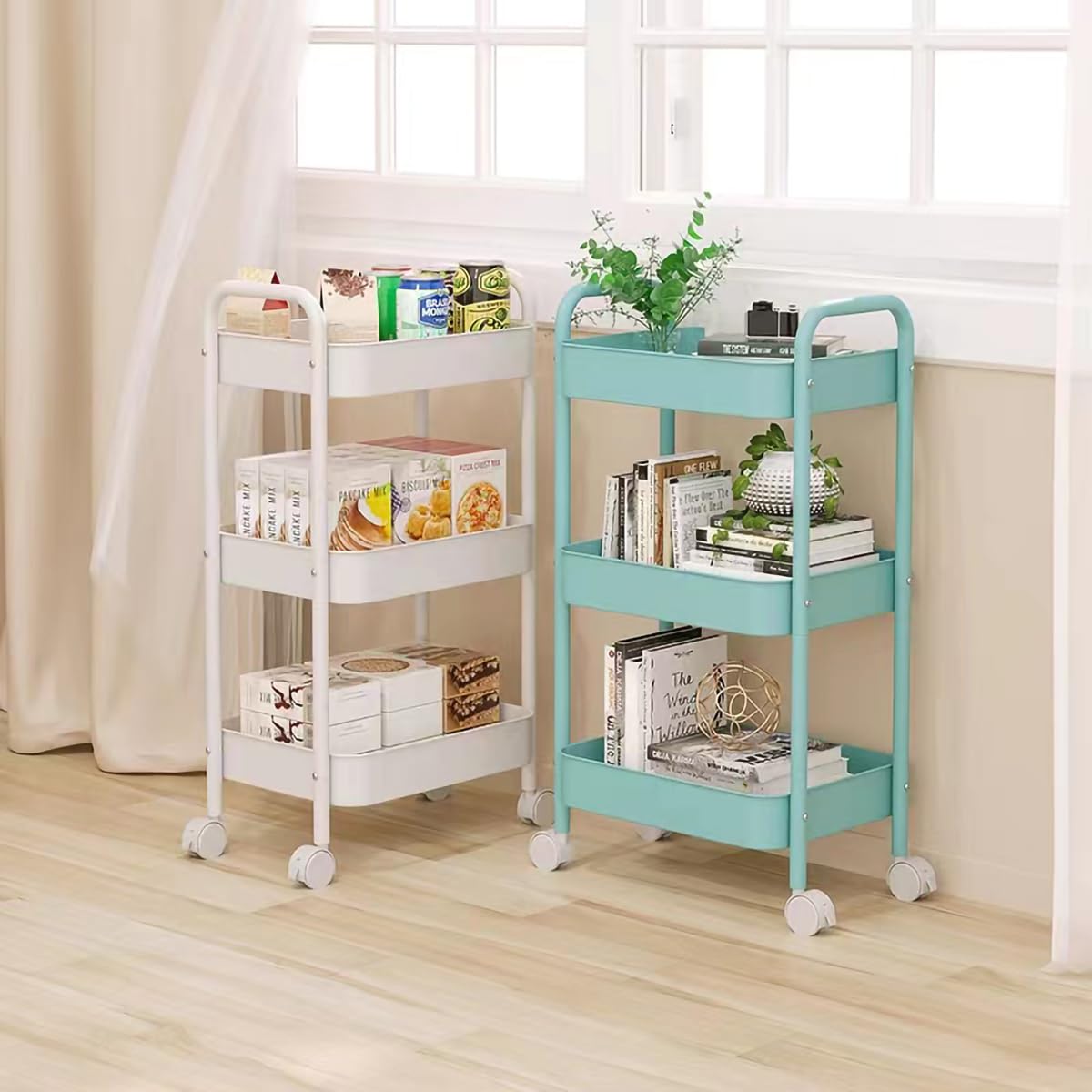 XIUSHE 3-Tier Metal Utility Cart Rolling Storage Organizer, Blue, Portable, Sturdy, Indoor Use