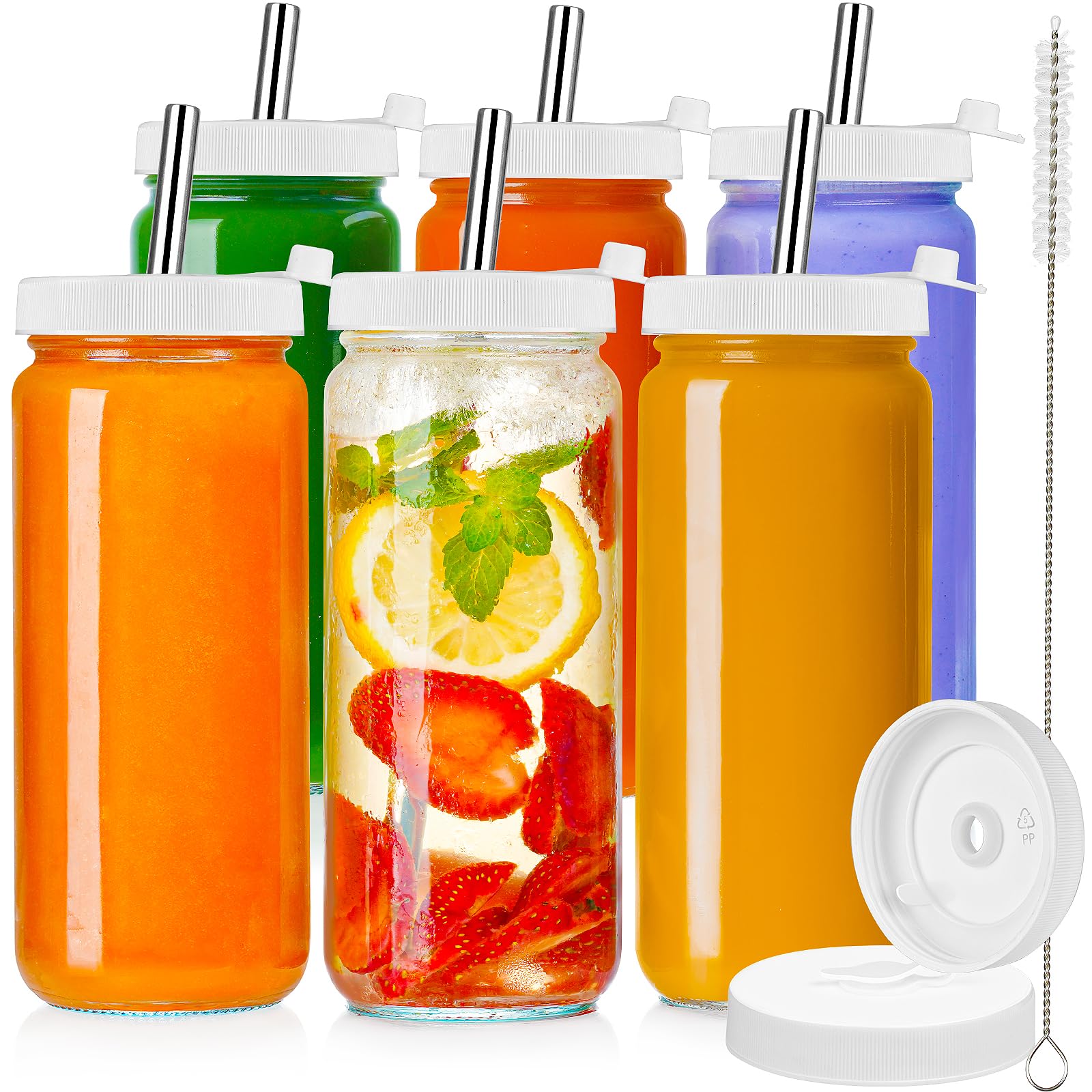 Ritayedet 6 Pack 16 Oz Glass Juicing Bottles w 6 Straws and 8 SCREW Lids w Hole(100% Airtight) Reusable Drinking Jars, Travel Water Bottles, Tall Mason Jar for Juice