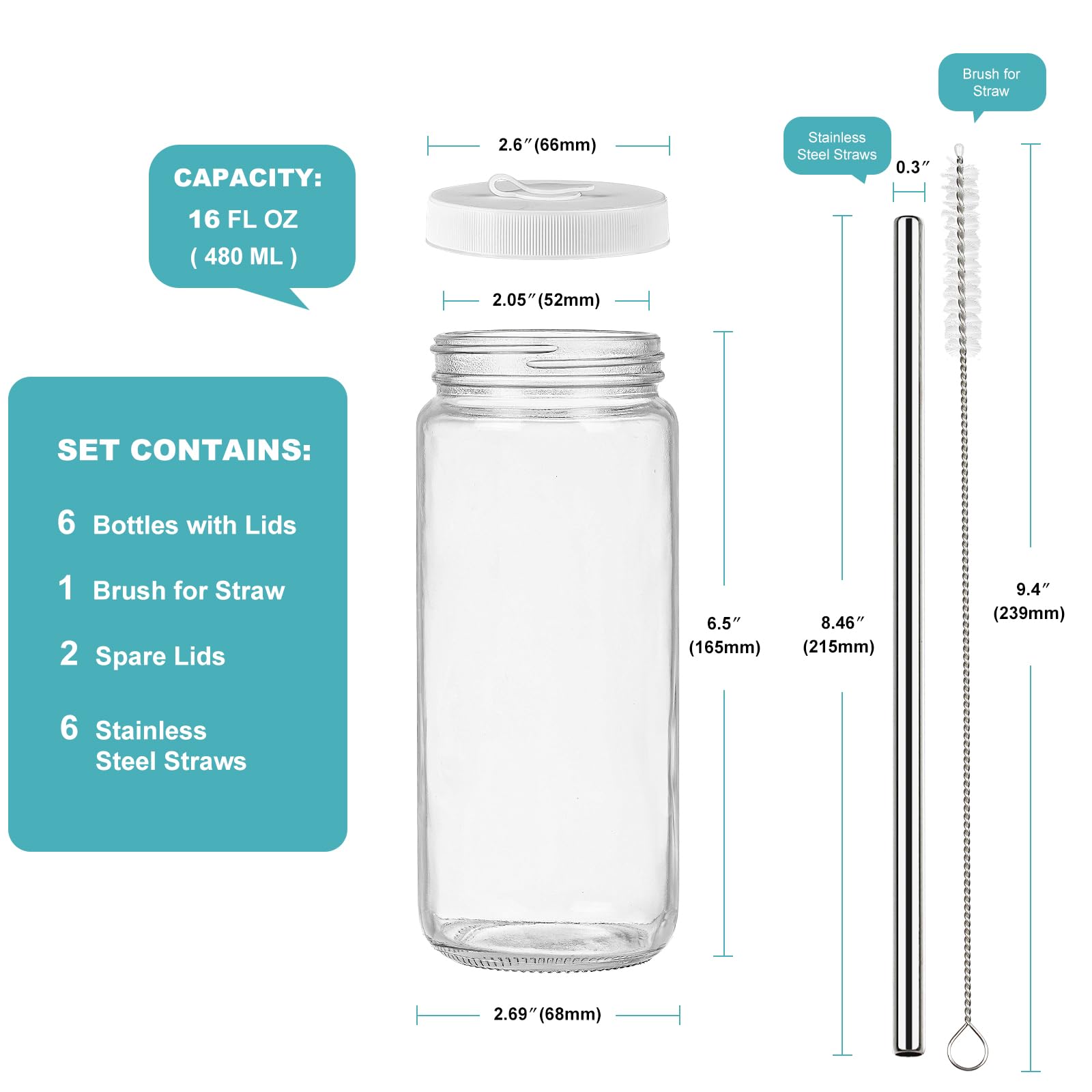 Ritayedet 6 Pack 16 Oz Glass Juicing Bottles w 6 Straws and 8 SCREW Lids w Hole(100% Airtight) Reusable Drinking Jars, Travel Water Bottles, Tall Mason Jar for Juice