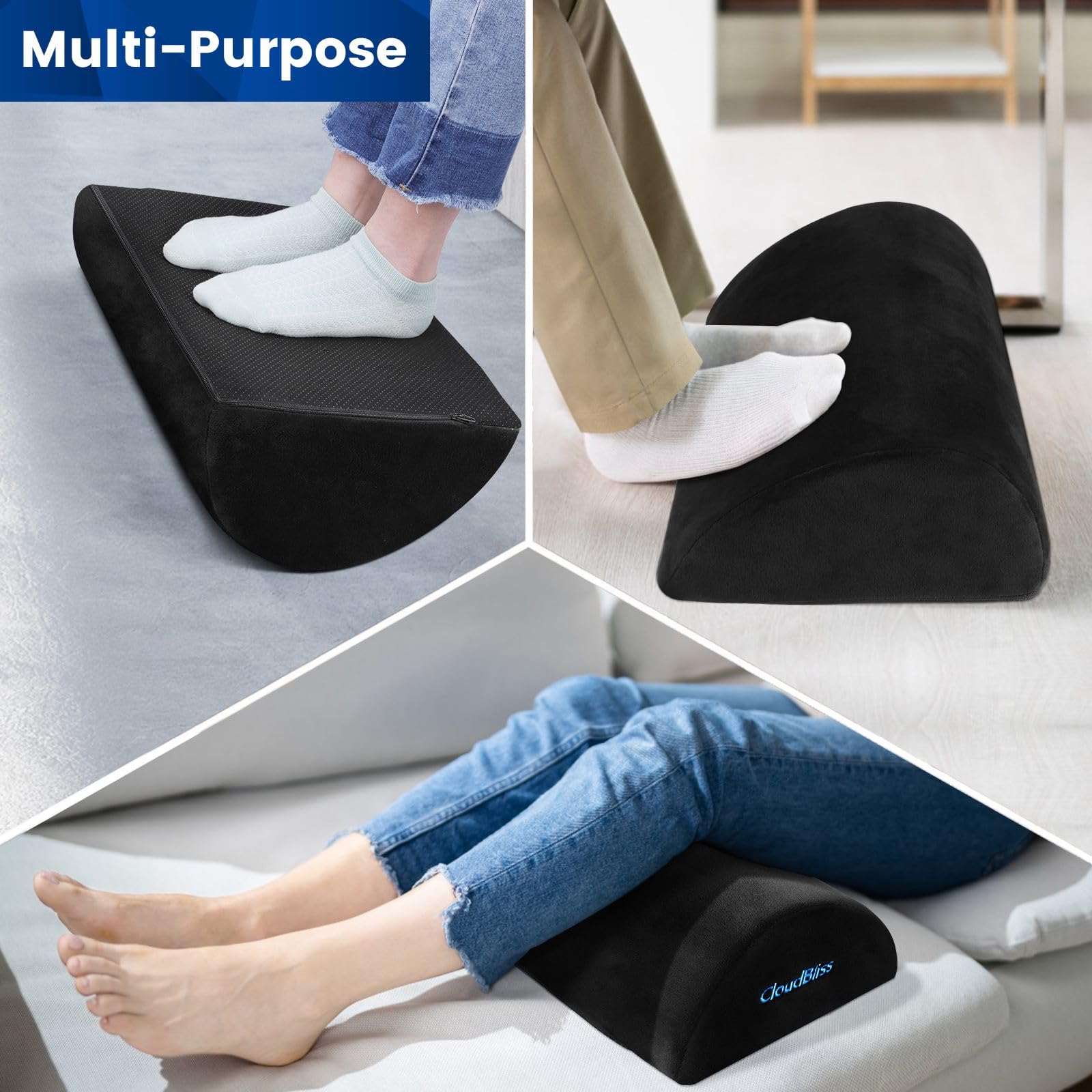 CloudBliss Foot Rest for Under Desk at Work,Office Desk Accessories with Memory Foam and Washable Removable Cover, Foot Stool for Office, Car, Home to Foot Support and Relax Ankles, Black