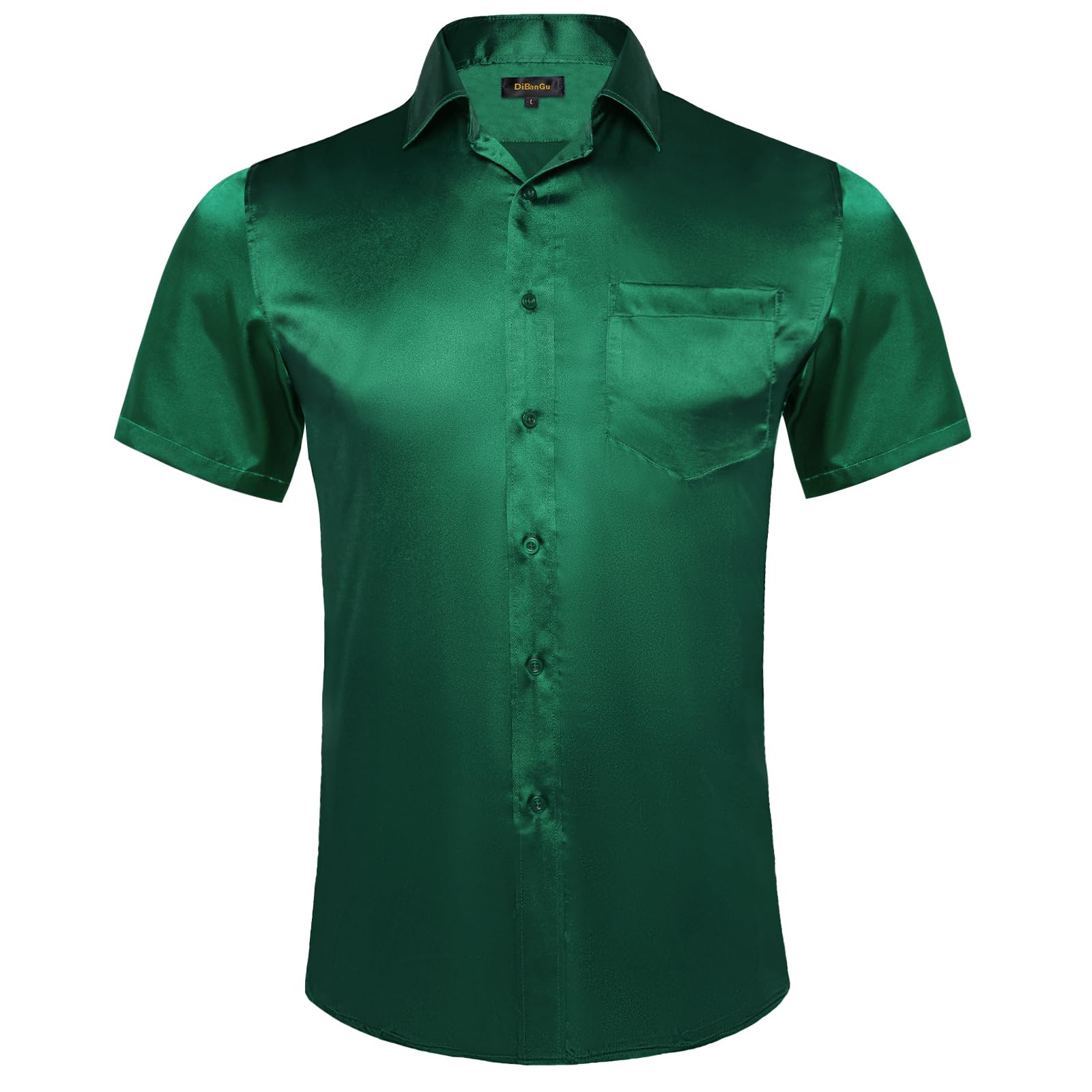 DiBanGu Men's Solid Green Dress Shirt Funky Shiny Satin Short Sleeve Shirts Wrinkle Free Emerald Green Shirts Wedding Party