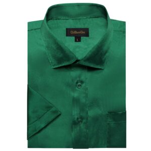 DiBanGu Men's Solid Green Dress Shirt Funky Shiny Satin Short Sleeve Shirts Wrinkle Free Emerald Green Shirts Wedding Party