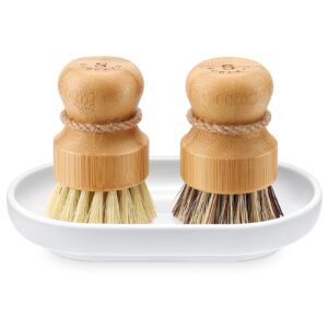 subekyu bamboo dish scrub brushes, bubble up bamboo dish brush set with brush tray, kitchen wooden cleaning scrubbers set for washing cast iron pan/pot, natural sisal +coconut palbristles, set of 2