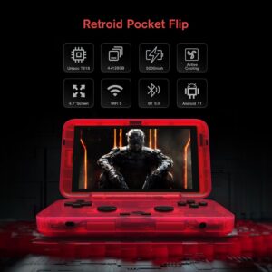 retroid Flip Android 11 retro gaming handheld with 8-core processor, fast graphics, 4GB RAM, 128GB storage, 4.7" touchscreen, and excellent controls/connectivity. With HDMI out, Wi-Fi & BT [16BIT-US]