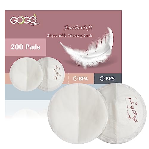 GoGo Pure 200CT FeatherSoft Disposable Nursing Pads, Ultra-Thin, Quick Absorbency, 5.12 Inches in Diameter Full Coverage, 3D Contoured Design, Extra Comfort, Individually Wrapped