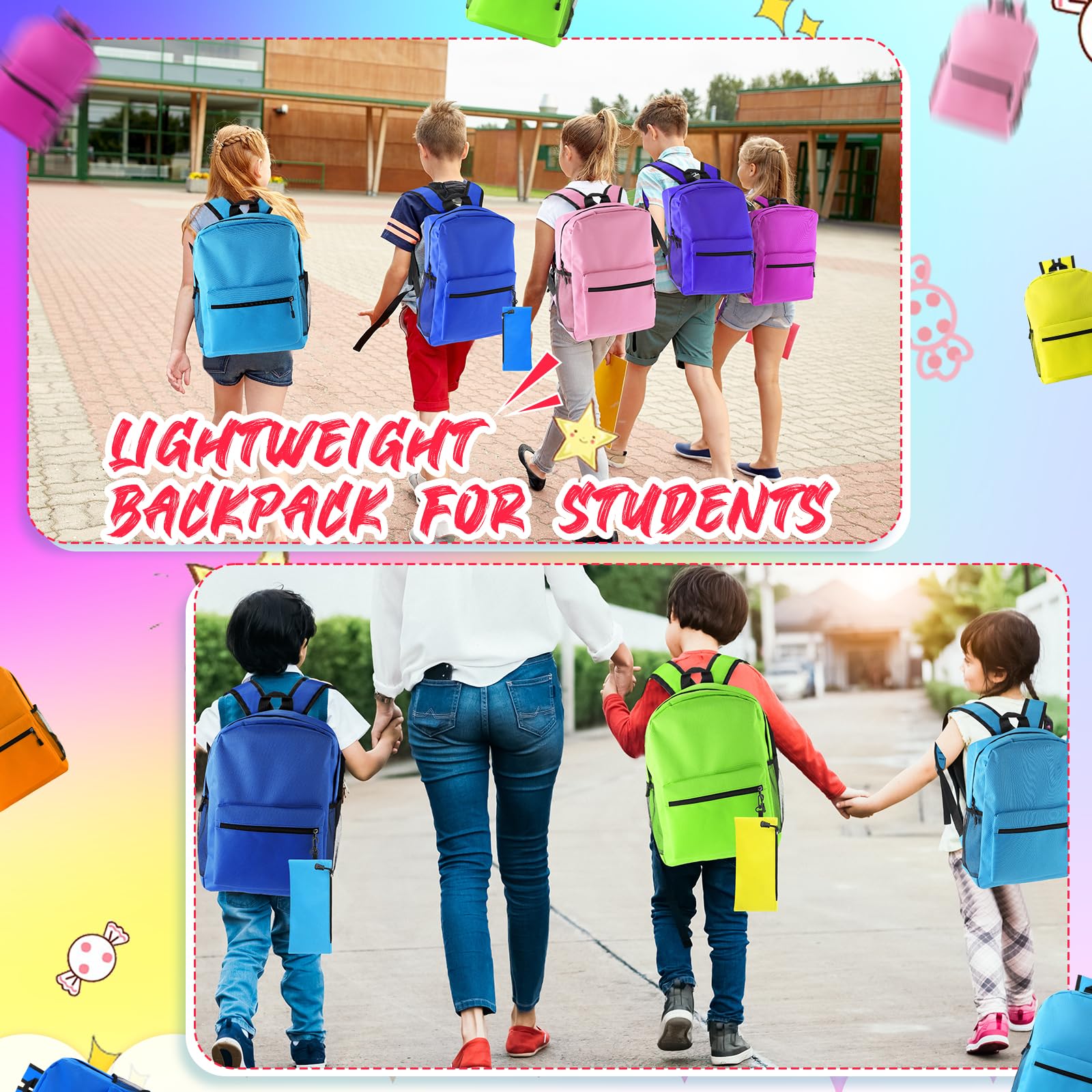 Silkfly 12 Pcs School Backpacks for Kids with 12 Zipper Pencil Pouch Lightweight Bookbags Bulk School Supplies(Bright Color)