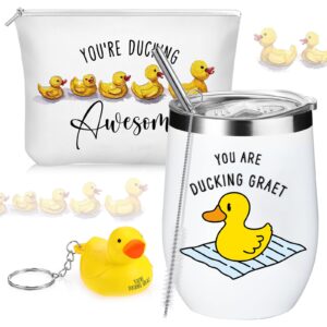 lallisa 3 pcs duck tumbler keychain duck cosmetic bag with you're awesome for duck lovers travel coffee mug employee appreciation gift for coworker women girls recognition student teacher