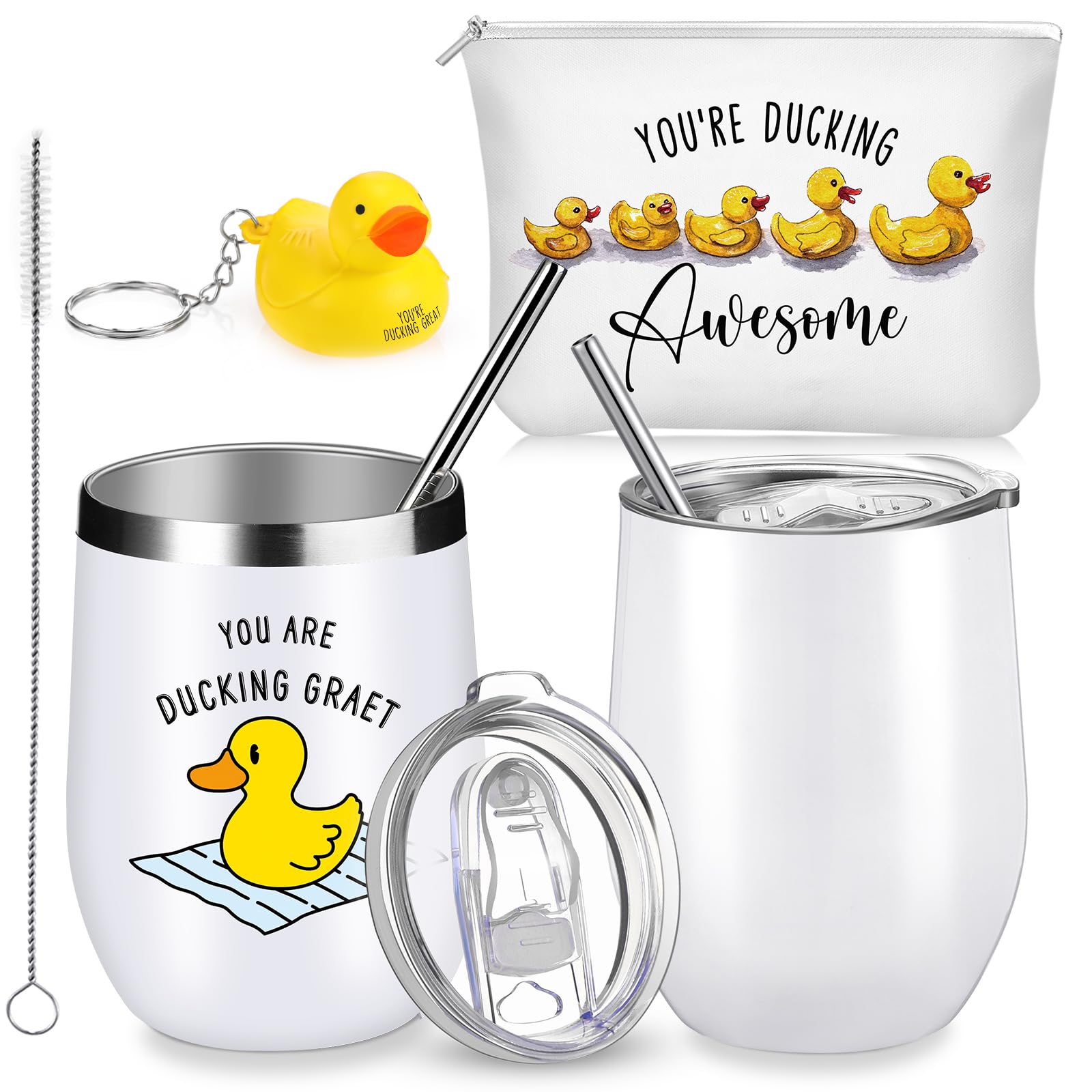 Lallisa 3 Pcs Duck Tumbler Keychain Duck Cosmetic Bag with You're Awesome for Duck Lovers Travel Coffee Mug Employee Appreciation Gift for Coworker Women Girls Recognition Student Teacher