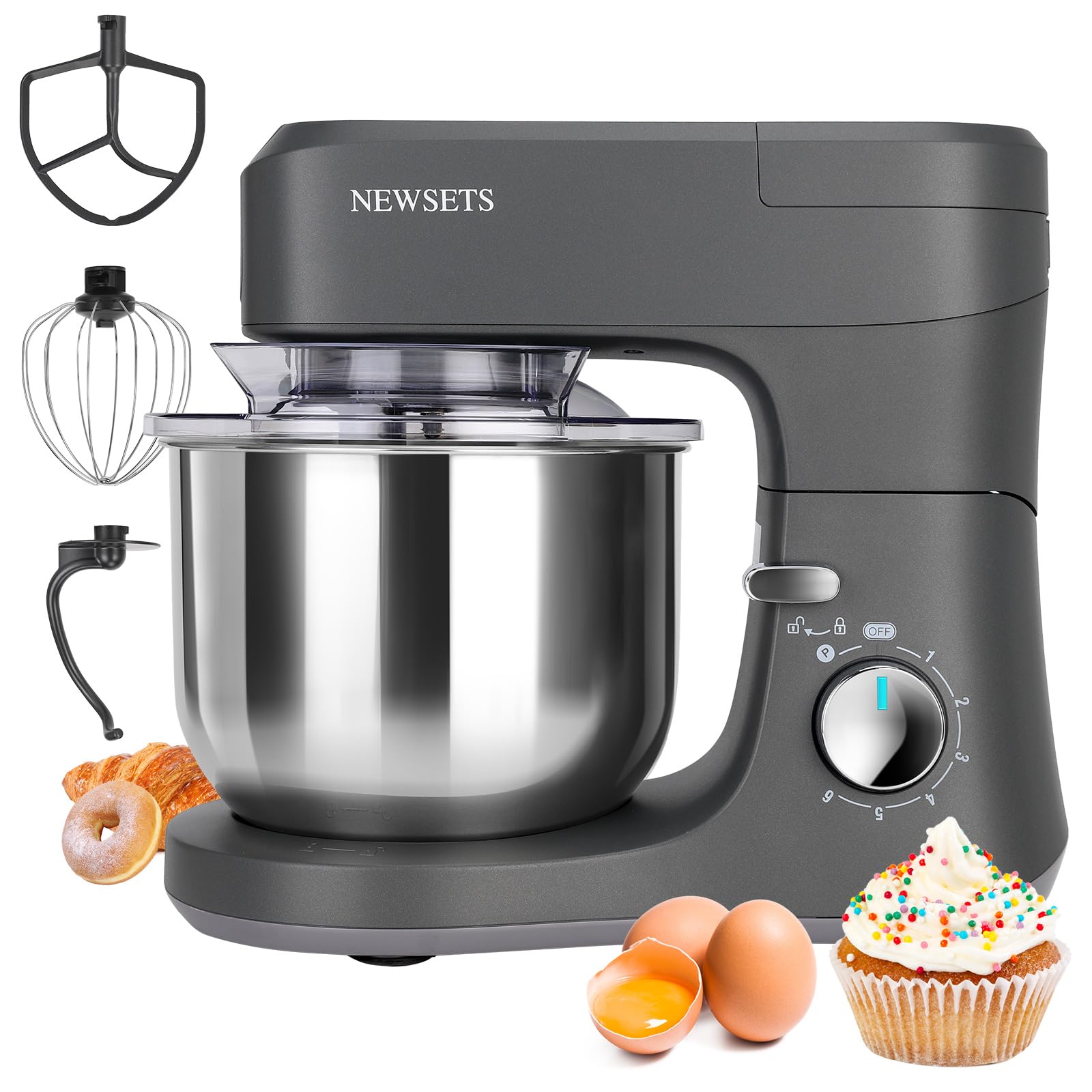 NEWSETS 7.4 QT Stand Mixer, Household Stand Mixer 600W Electric Mixers with Stainless Bowl Hook Whisk Beater and Splash Guard, Fast 6-Speed Tilt-Head Food Mixers for Baking, Cakes, Pastry Easily