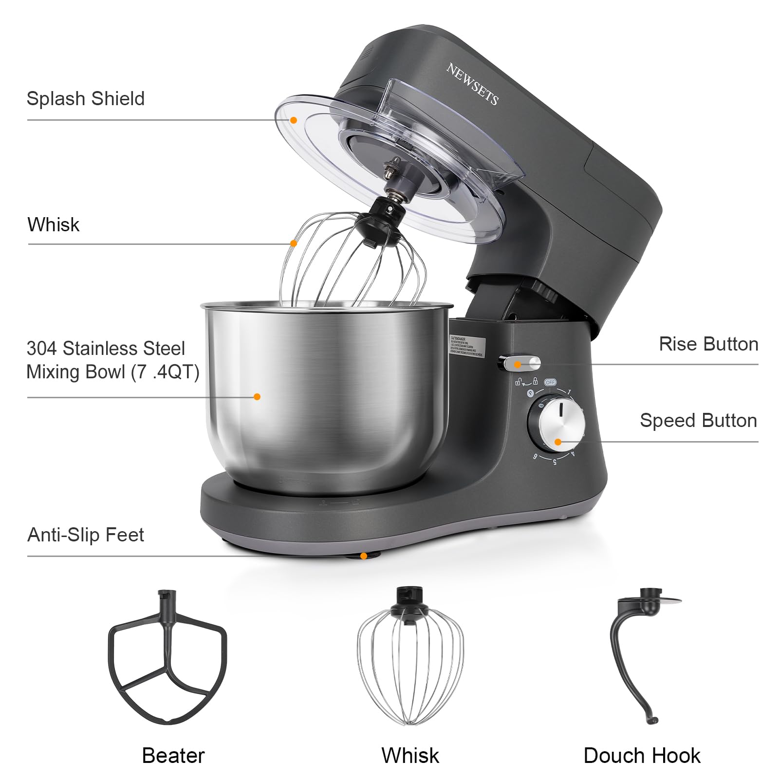 NEWSETS 7.4 QT Stand Mixer, Household Stand Mixer 600W Electric Mixers with Stainless Bowl Hook Whisk Beater and Splash Guard, Fast 6-Speed Tilt-Head Food Mixers for Baking, Cakes, Pastry Easily