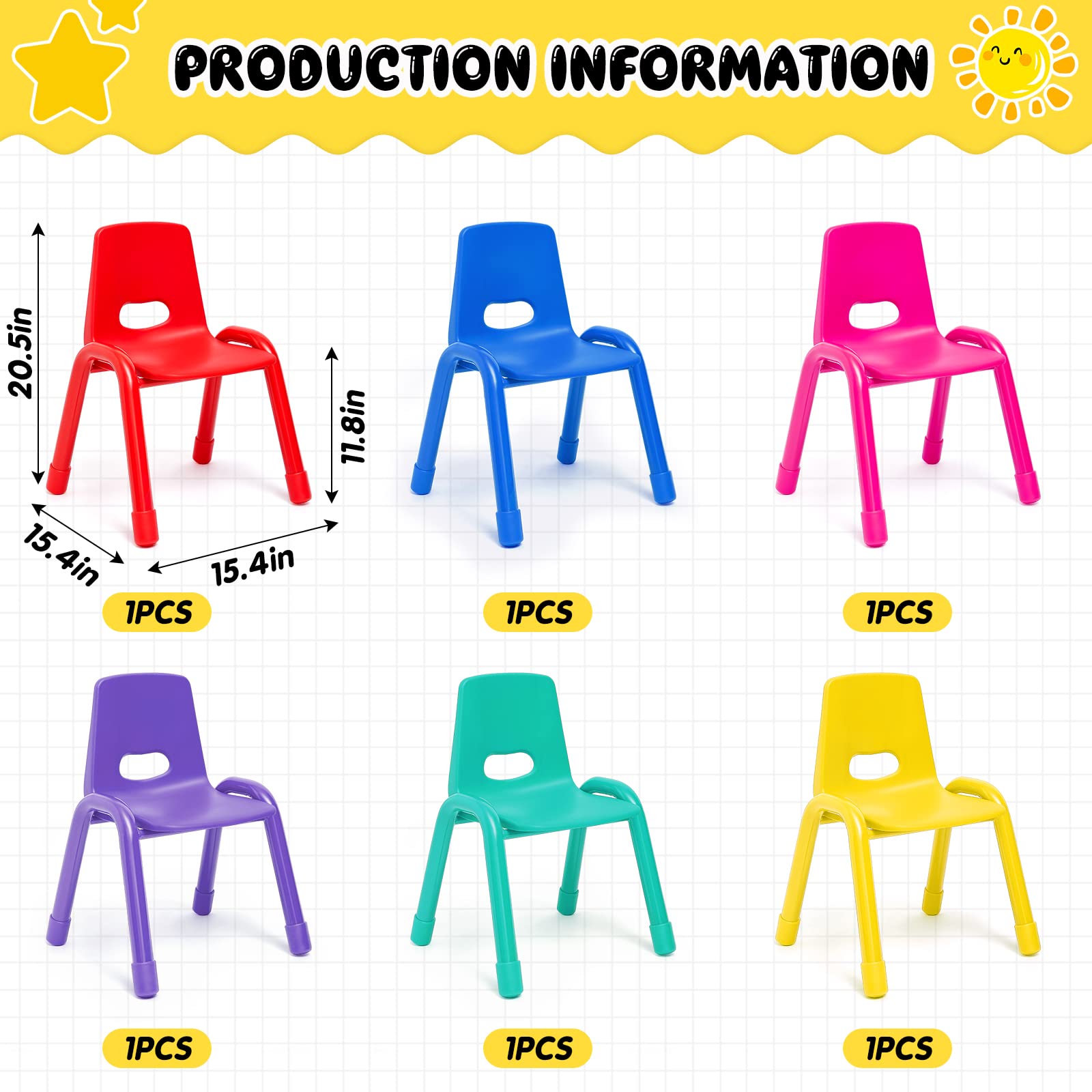 Roshtia 6 Pieces Stacking School Chairs Stackable Stack Chair with Metal Legs 12'' Seat Height Flexible Classroom Chairs for Kids Preschool Student Daycare Home Furniture, 6 Colors